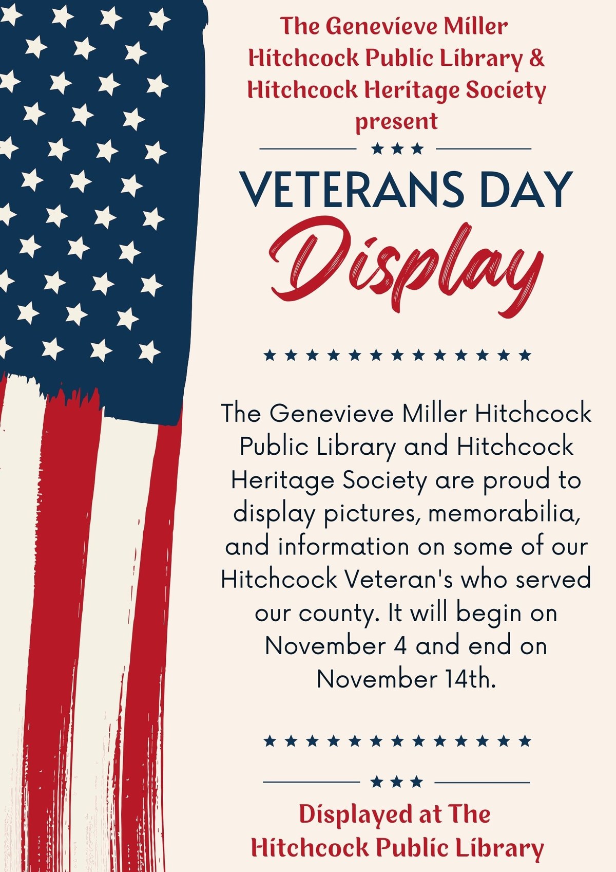 Veteran's Day Display — Genevieve Miller Hitchcock Public Library